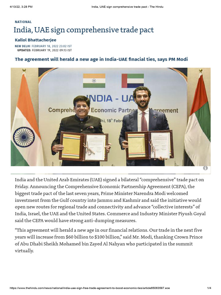 India, UAE Sign Comprehensive Trade Pact - The Hindu | PDF | United ...