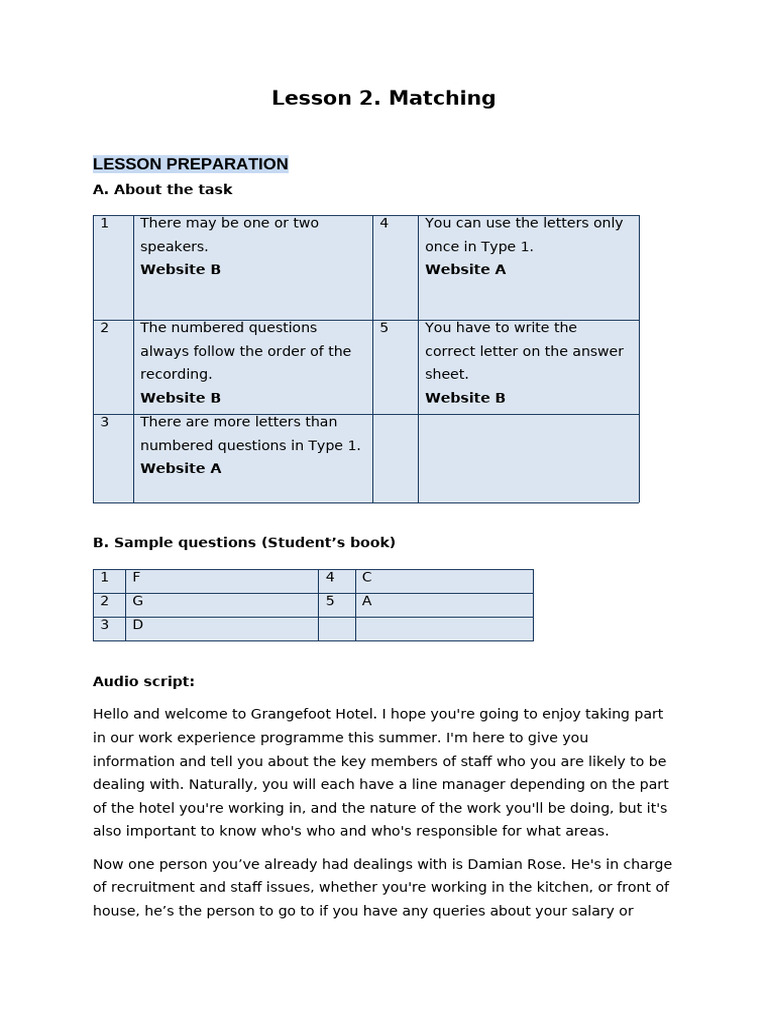 Answer Key. L2. Listening - Matching | PDF | Memory