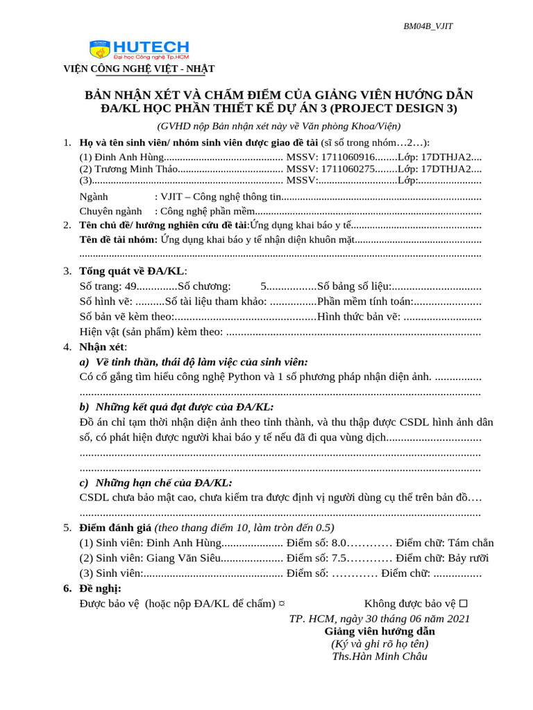 (17DTHJA2) BM04b VJIT Nhan Xet - Cham Diem Cua GVHD - pd3 | PDF