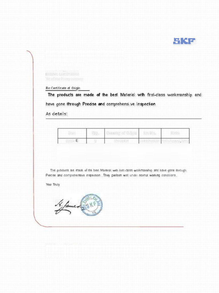 SKF Certificate of Origin Details | PDF