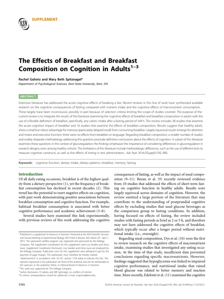The Effects of Breakfast and Breakfast Composition On Cognition in ...