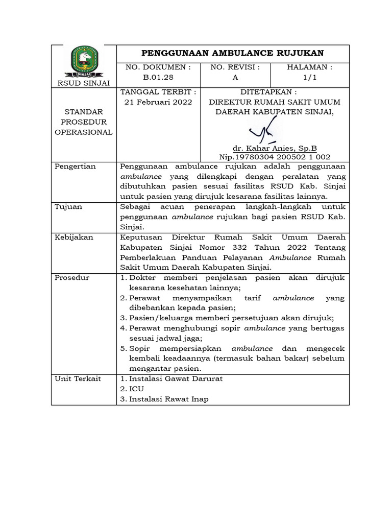 Prosedur Penggunaan dan Pemeriksaan Ambulance RSUD Sinjai | PDF ...