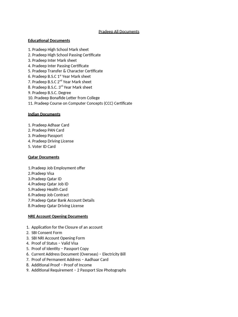 Pradeep Documents List | PDF