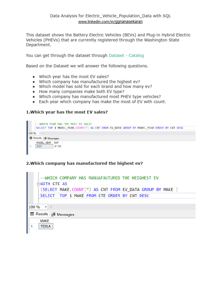 Data Analysis for Electric_Vehicle_with SQL | PDF