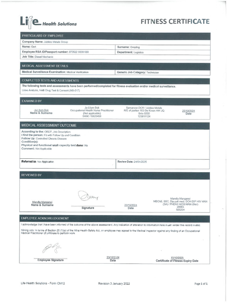 Fitness Certificate | PDF