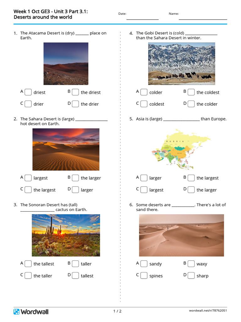 Week 1 Oct Ge3 Unit 3 Part 31 Deserts Around The World Quiz | PDF | Desert | Physical Geography