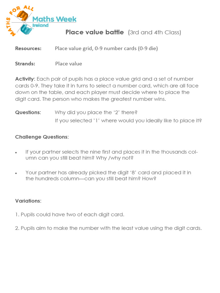 Place Value Battle | PDF | Teaching Methods & Materials | Home & Garden
