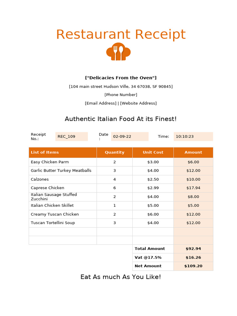 Simple Restaurant Receipt | PDF | Italian Cuisine | European Cuisine