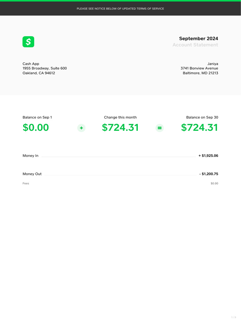 Cash App September 2024 Account Statement | PDF | Cash | Overdraft