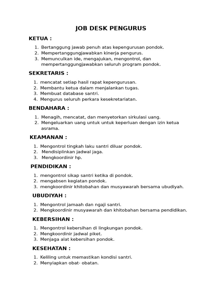Job Desk Pengurus Organisasi Pondok | PDF
