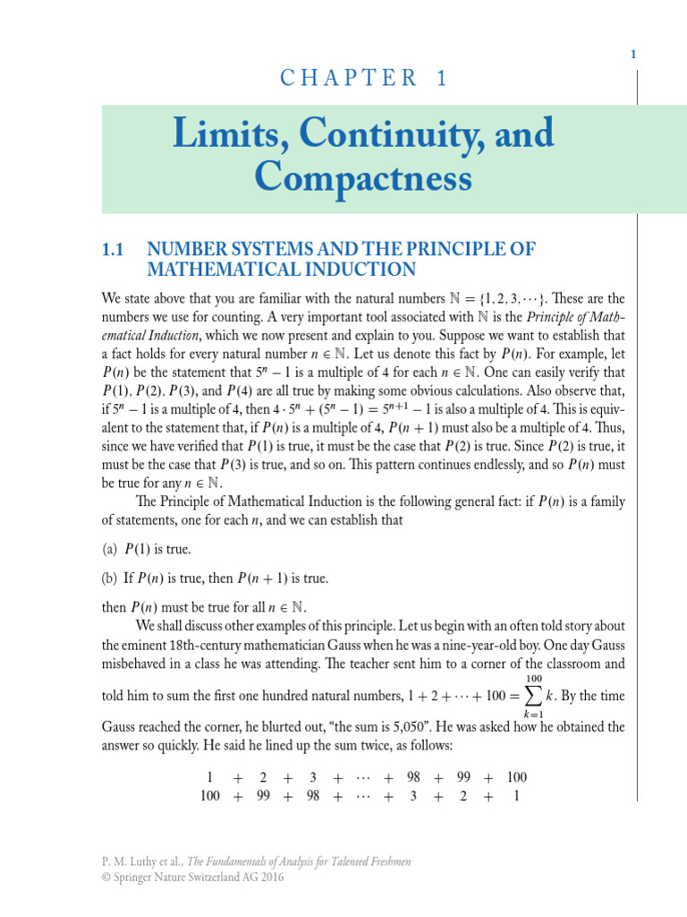 Limits, Continuity, and Compactness: 1.1 Number Systems and The Principle of Mathematical ...