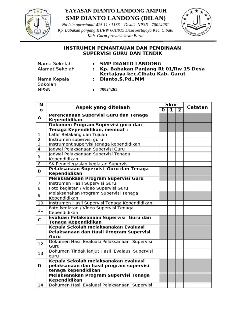 Instrumen Supervisi Guru Dan Tendik | PDF