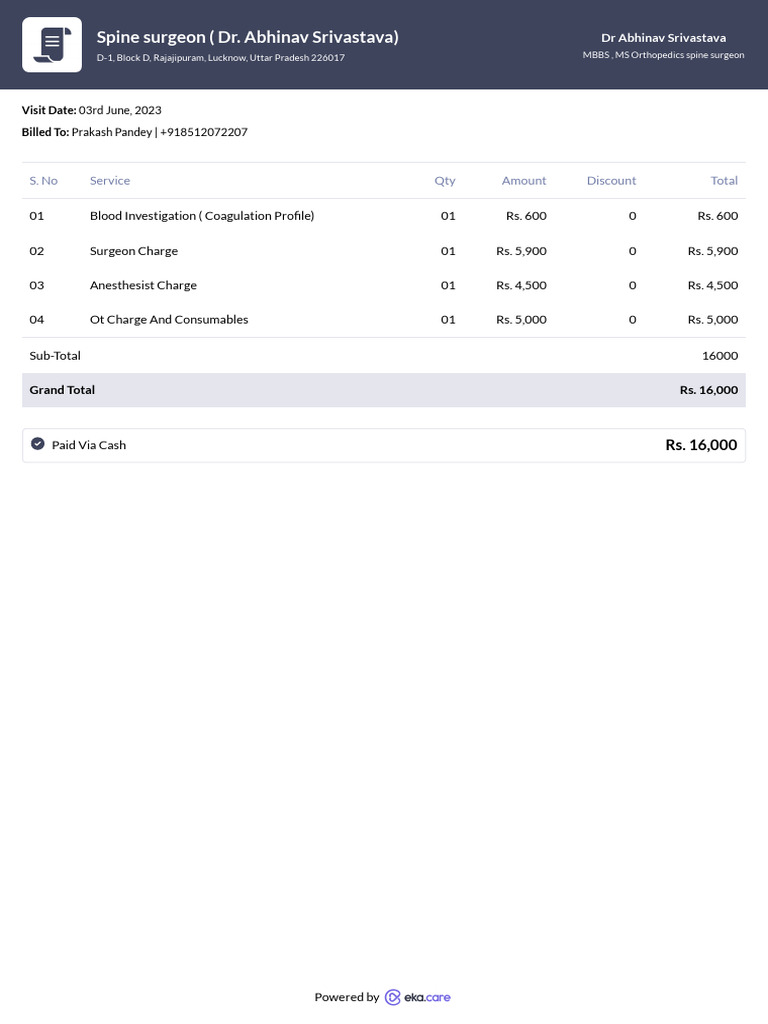 Spine Surgery Invoice for Dr. Srivastava | PDF