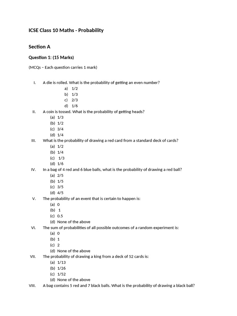 Class 10 ICSE Probability Worksheet | PDF | Odds | Probability