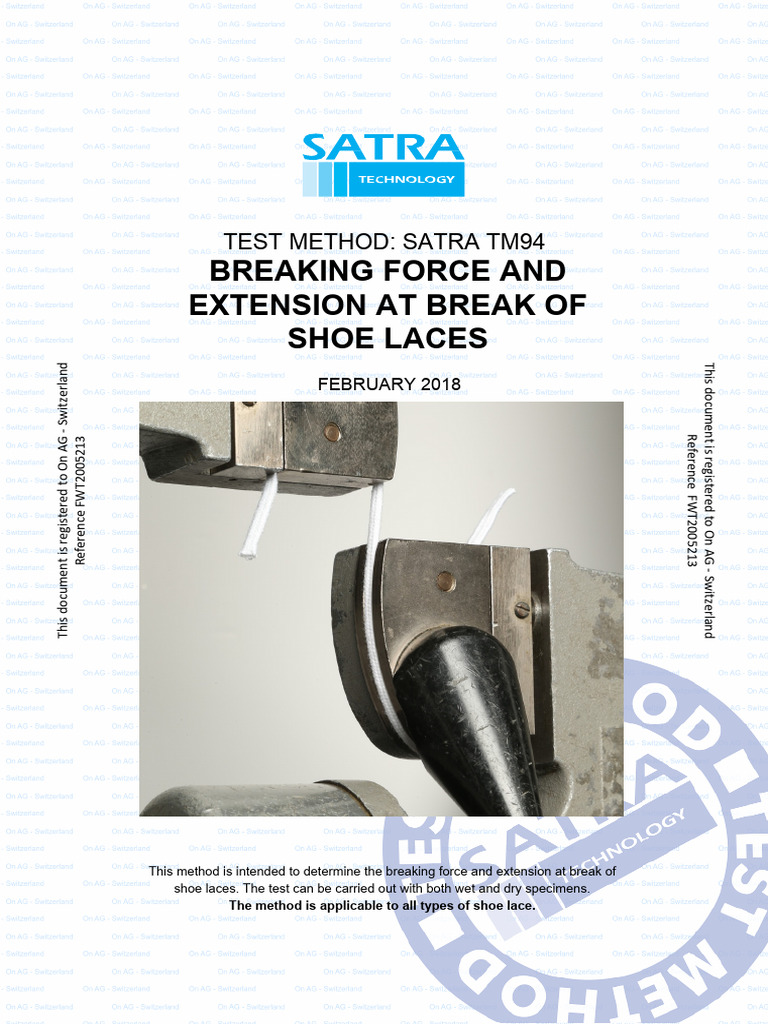 TM94 - Breaking Force and Extension at Break of Shoe Laces - Tensile Strength | PDF | Mean ...