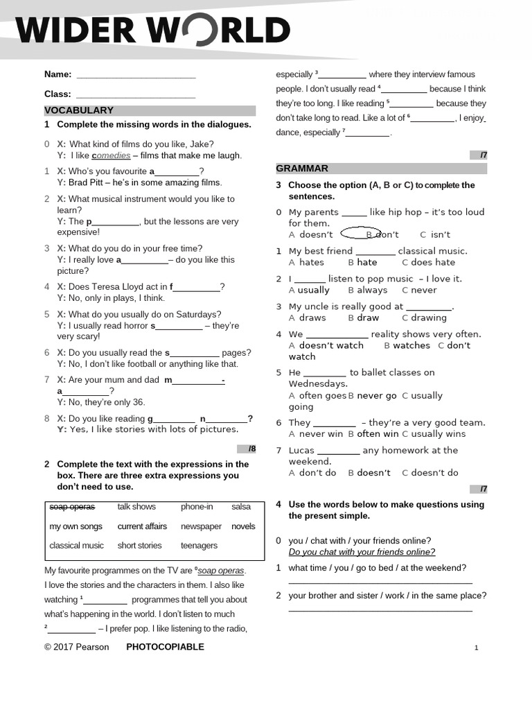 Wider World 2 Unit 1 Language Test | PDF