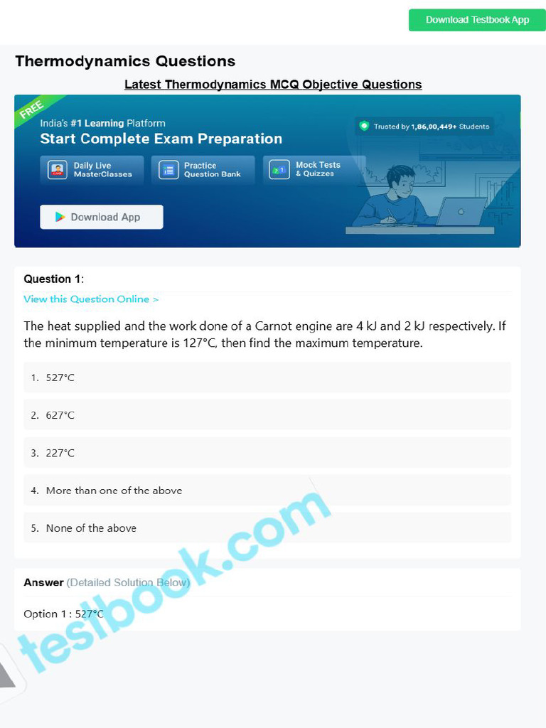 MCQ On Thermodynamics 5eea6a1339140f30f369f053 | PDF