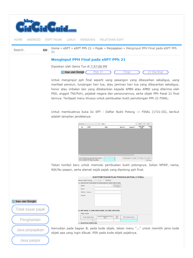 Cara Input PPh Final di eSPT 21 | PDF