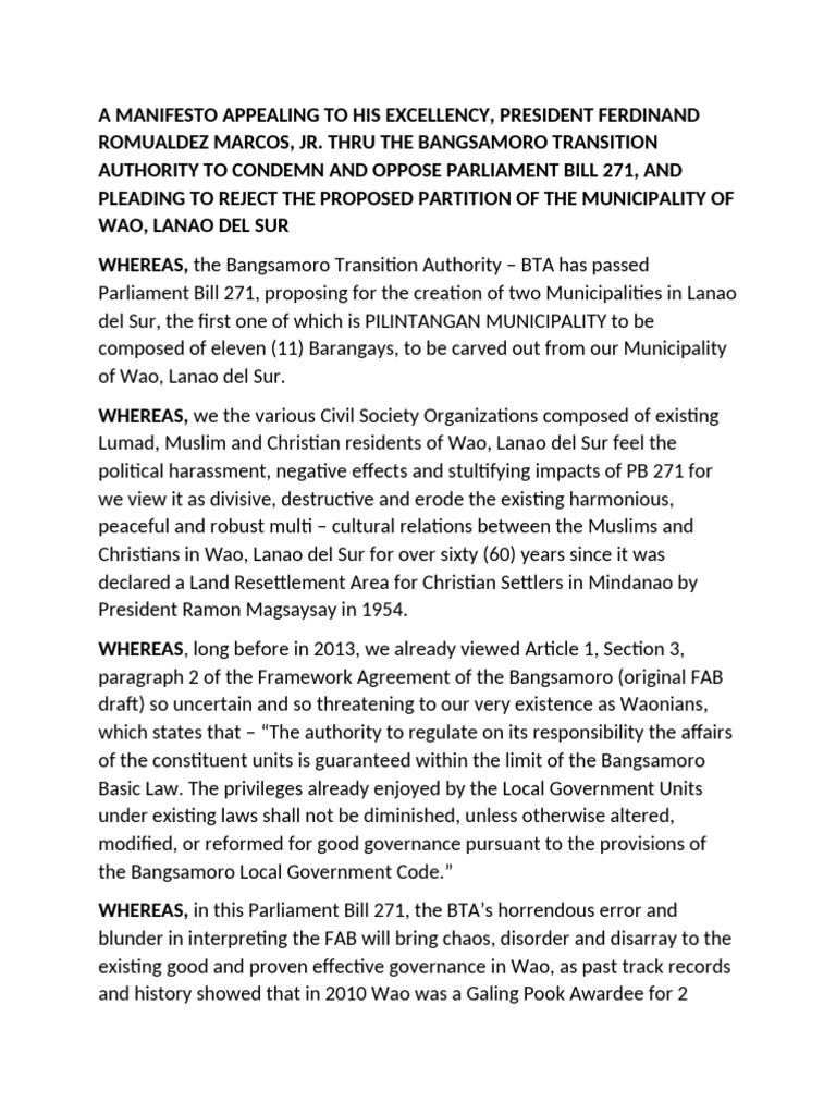 A Manifesto Appealing To His Excellency President Romualdez Marcos ...