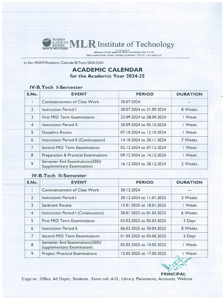 IV B.Tech. I and II Semester Academic Calendar For The Academic Year ...