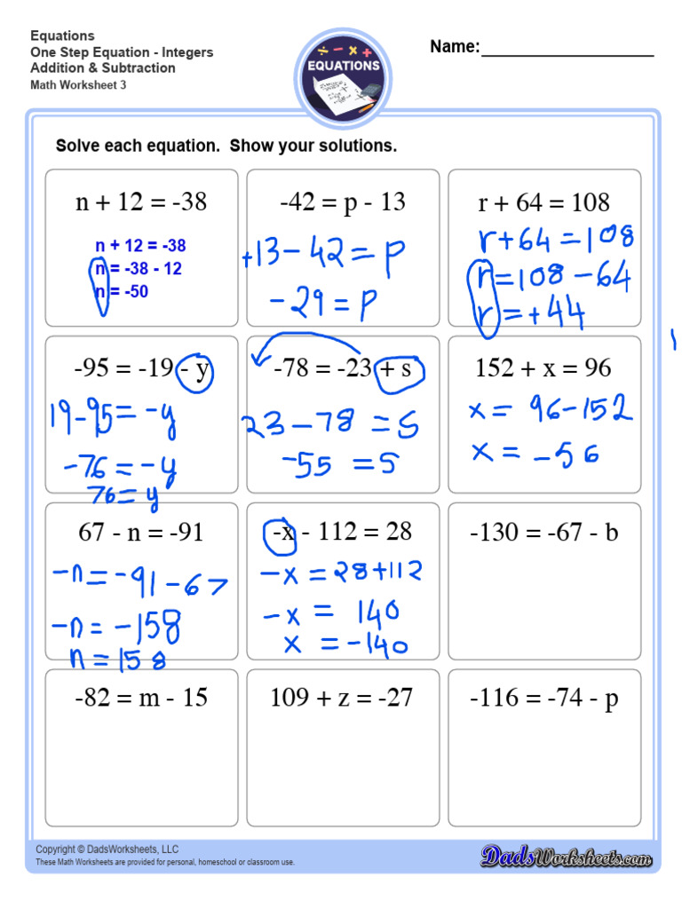 v3 One Step Equations Integers Addition and Subtraction v3 | PDF ...