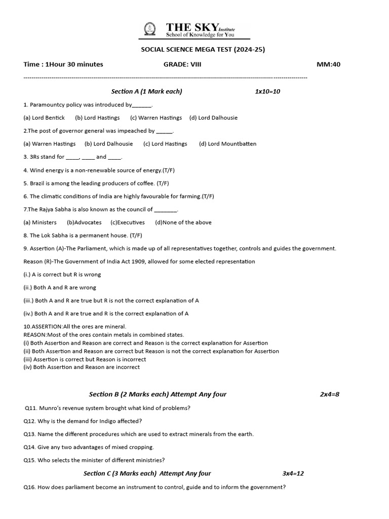 8th Social Science Mega Test | PDF