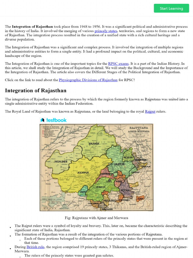 Integration of Rajasthan - Background & the Stages of Integration | PDF