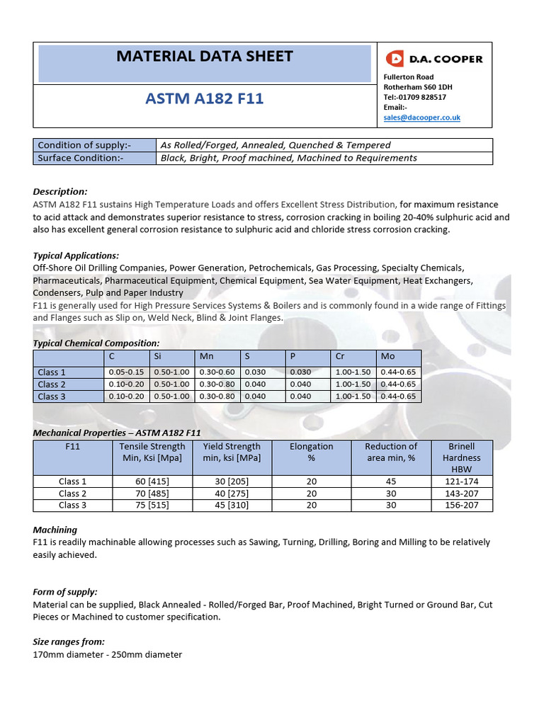 A182 F11 Product Datasheet D.A.Cooper Sons | PDF | Strength Of ...