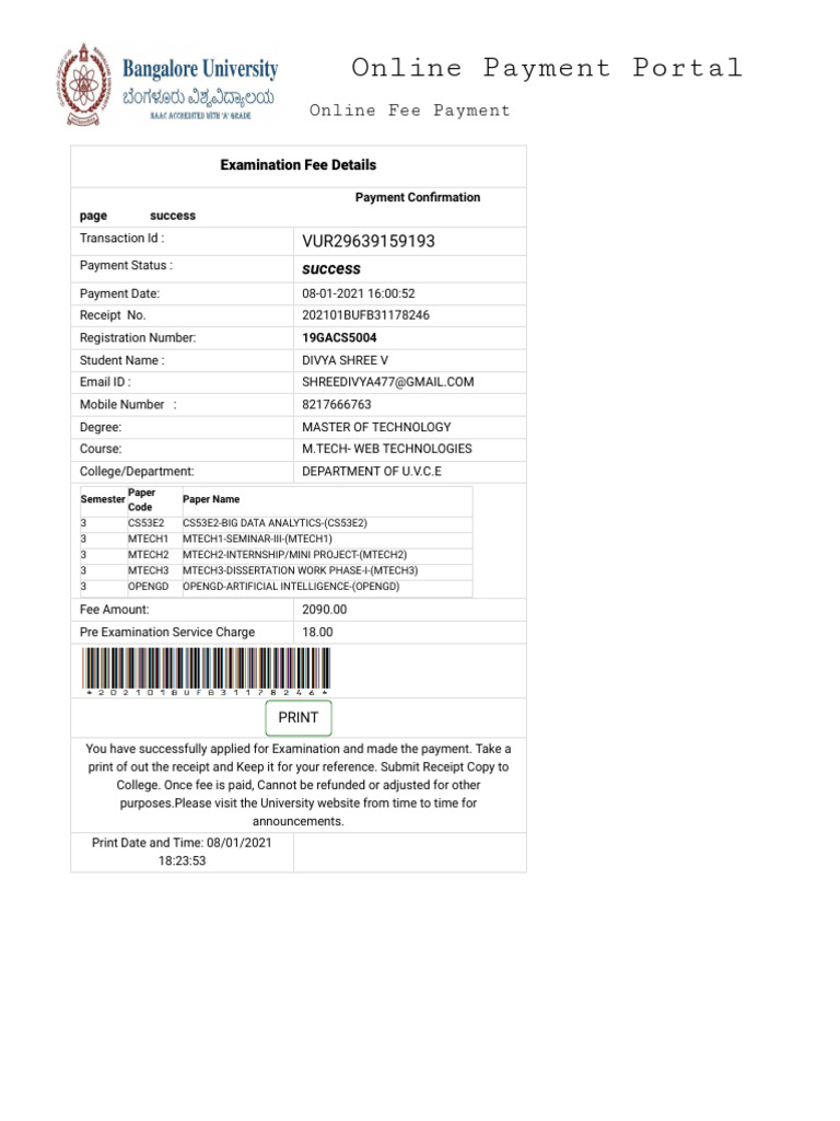 3rd Sem Exam Fee Recipt | PDF | Finance & Money Management | Computers