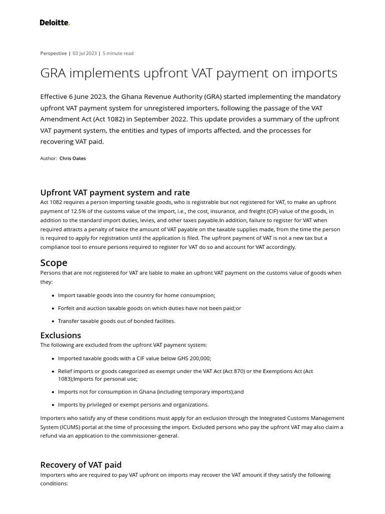 GRA implements upfront VAT payment on imports | PDF | Value Added Tax ...