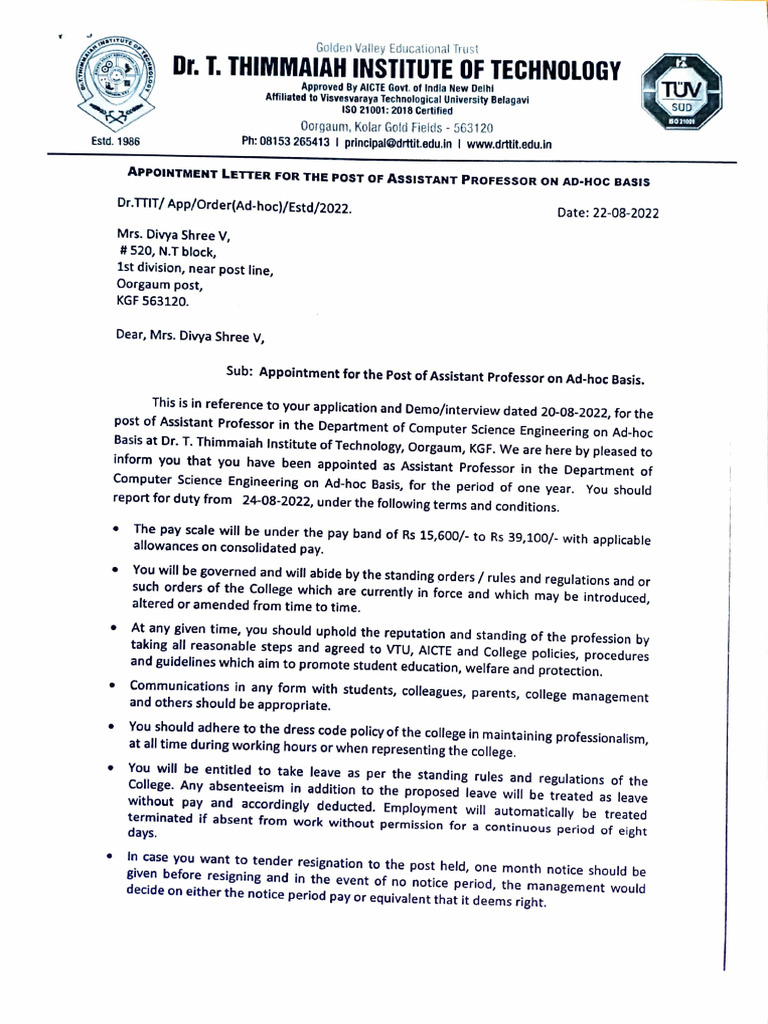 Divyashree Appointment Letter1 | PDF | Government | Justice