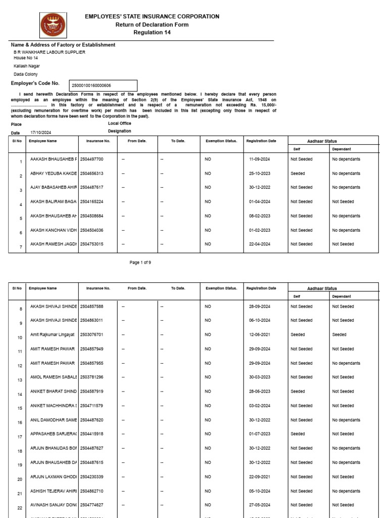 ESIC Declaration Form Submission Guide | PDF | Labour Law