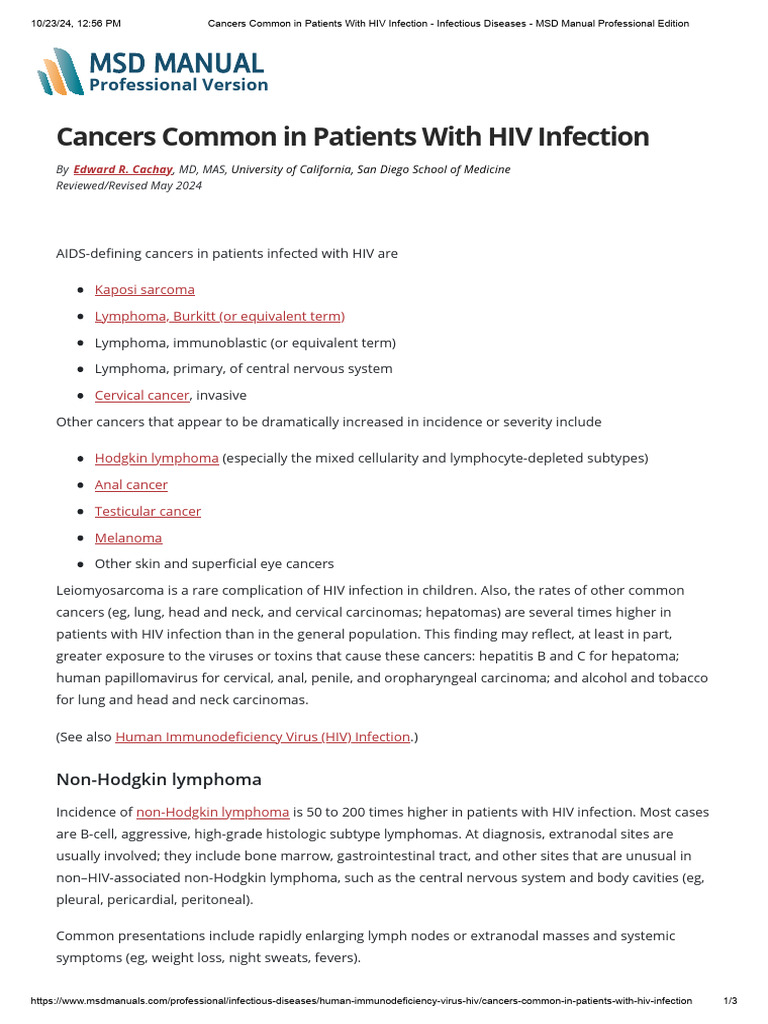 Cancers Common in Patients With HIV Infection - Infectious Diseases - MSD Manual Professional ...