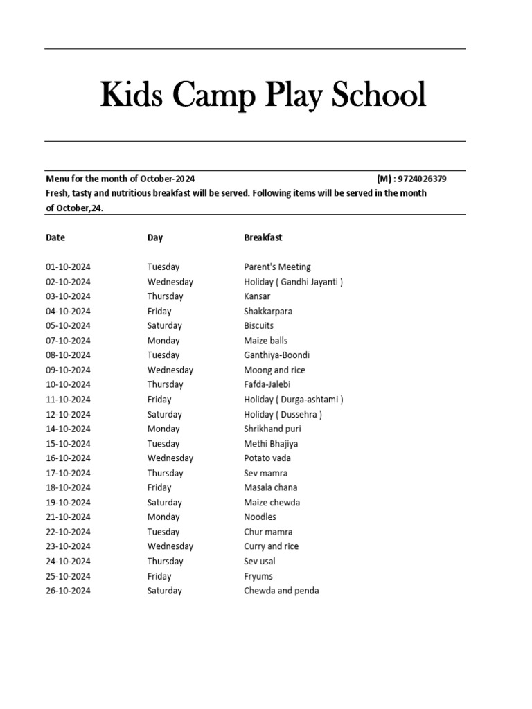 Kids Camp Menu October-24-1 | PDF