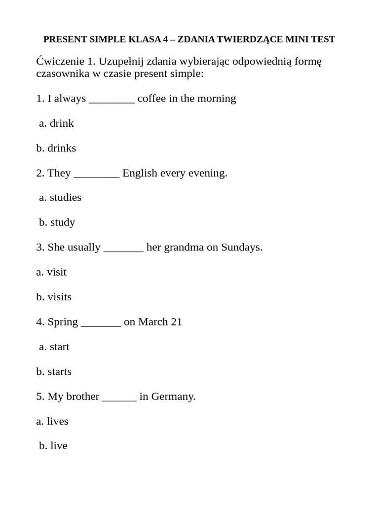Present Simple Mini Test Twierdzenia KL4 | PDF | Art