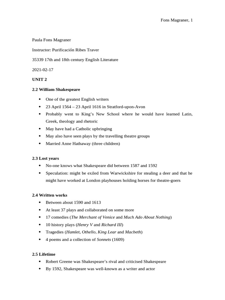 Unit 2 Outline | PDF | William Shakespeare | King Lear