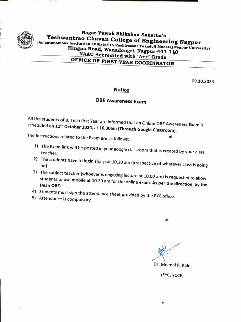 B.Tech First Year OBE Exam Notice | PDF