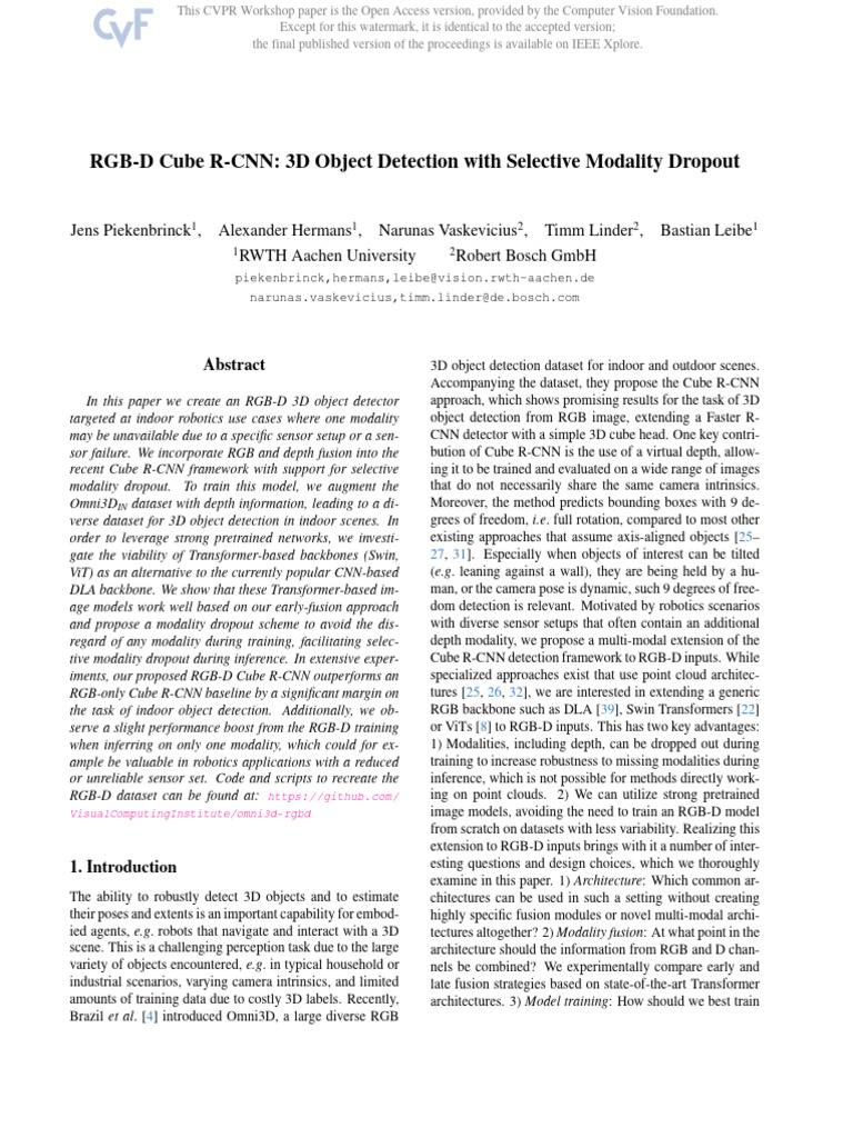 RGB-D Cube R-CNN 3D Object Detection With Selective Modality Dropout CVPRW 2024 Paper | PDF ...