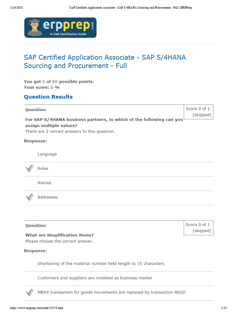 SAP Certified Application Associate SAP S/4HANA Sourcing and Procurement Full | PDF ...