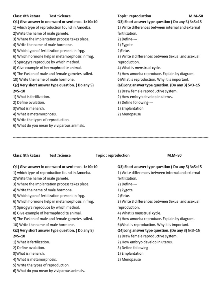 Test Reproduction 8 Class | PDF | Sexual Reproduction | Fertilisation