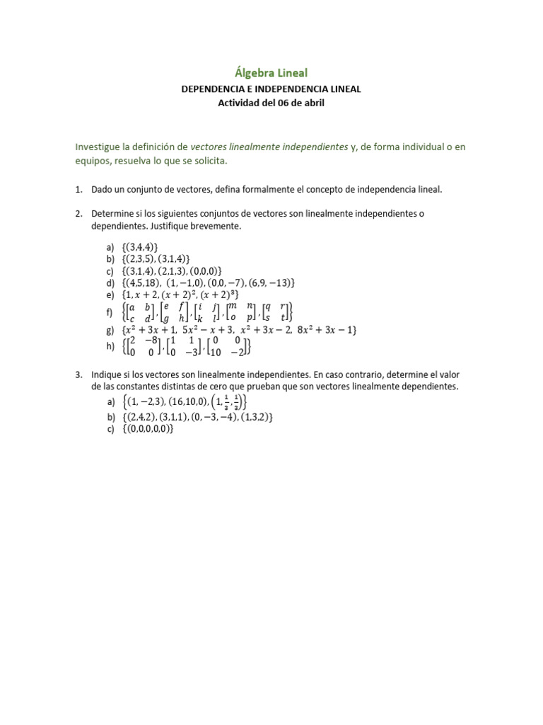 AL, Ejercicios 06 de Abril | PDF | Métodos y materiales de enseñanza