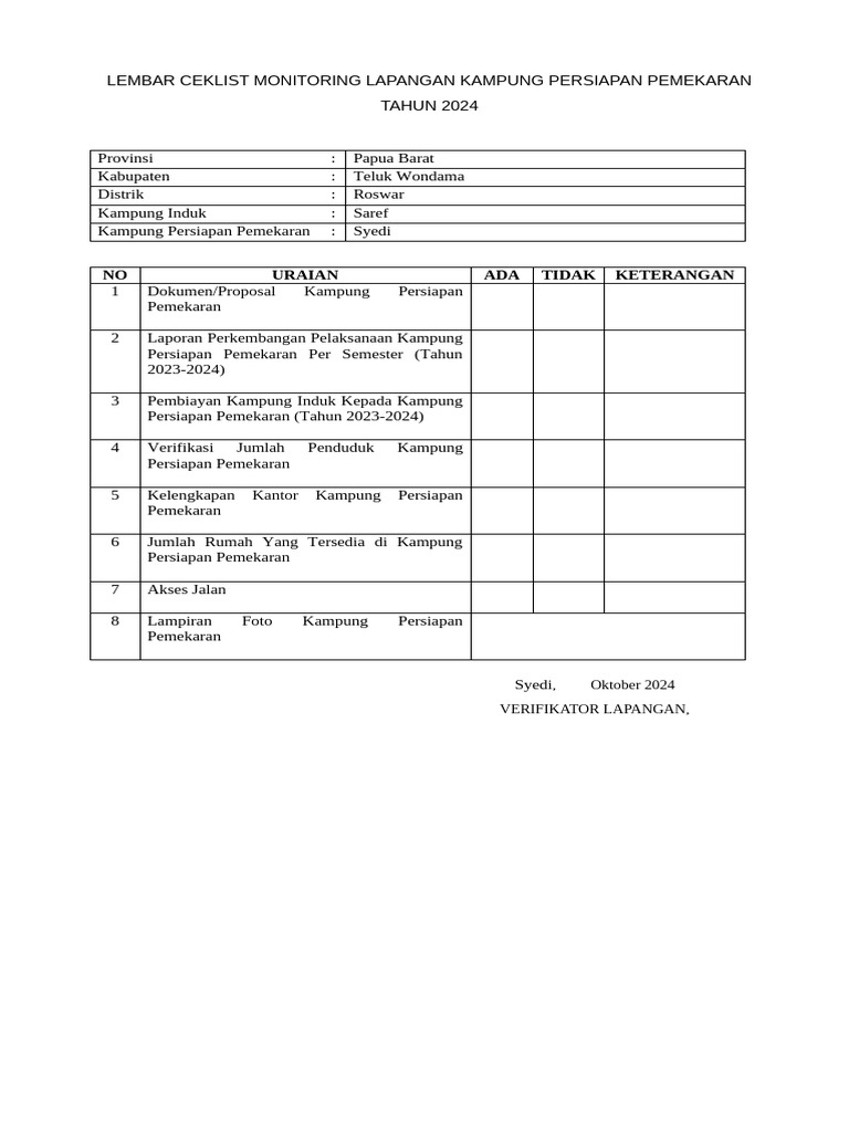 Lembar Monitoring Lapangan Kkp 2024 | PDF