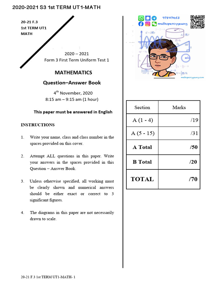 Form 3 1st Term Math Test 2020-21 | PDF | Applied Mathematics | Mathematics