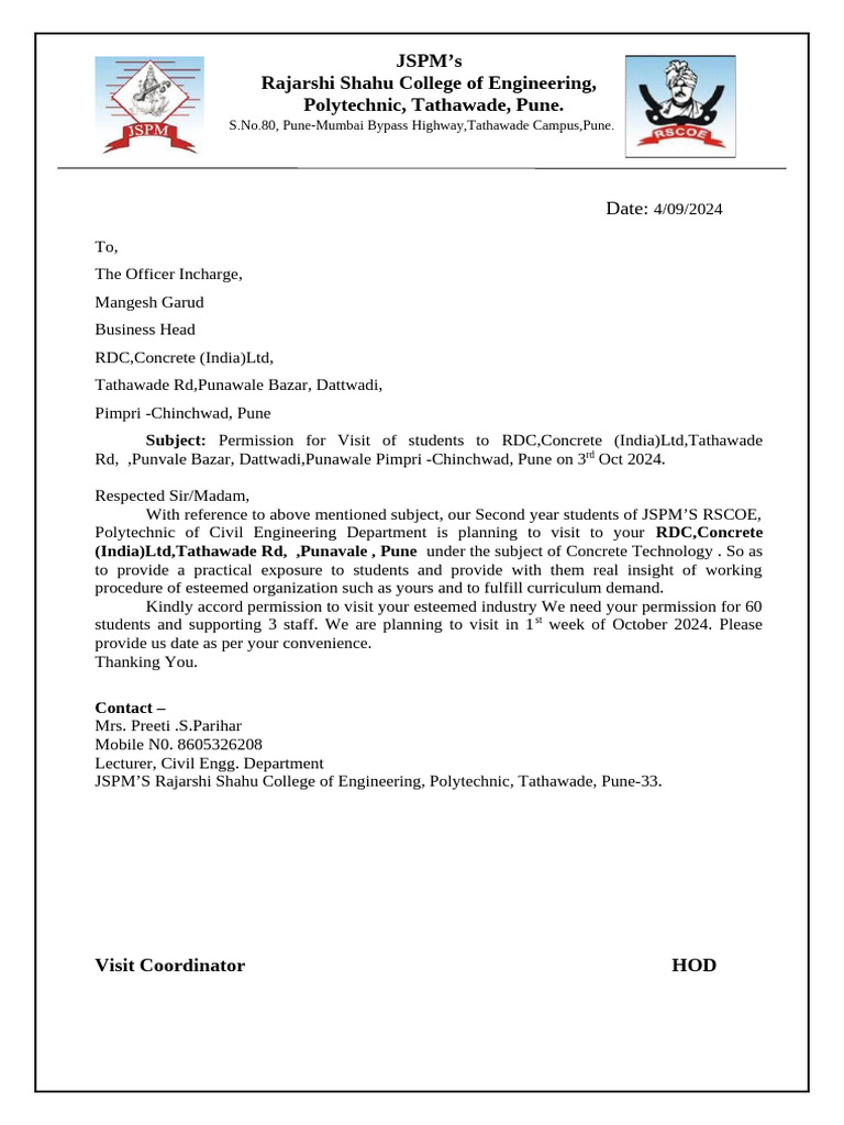 CTE Visit Report - Notice, Thanking Letter and Permission Letter ...