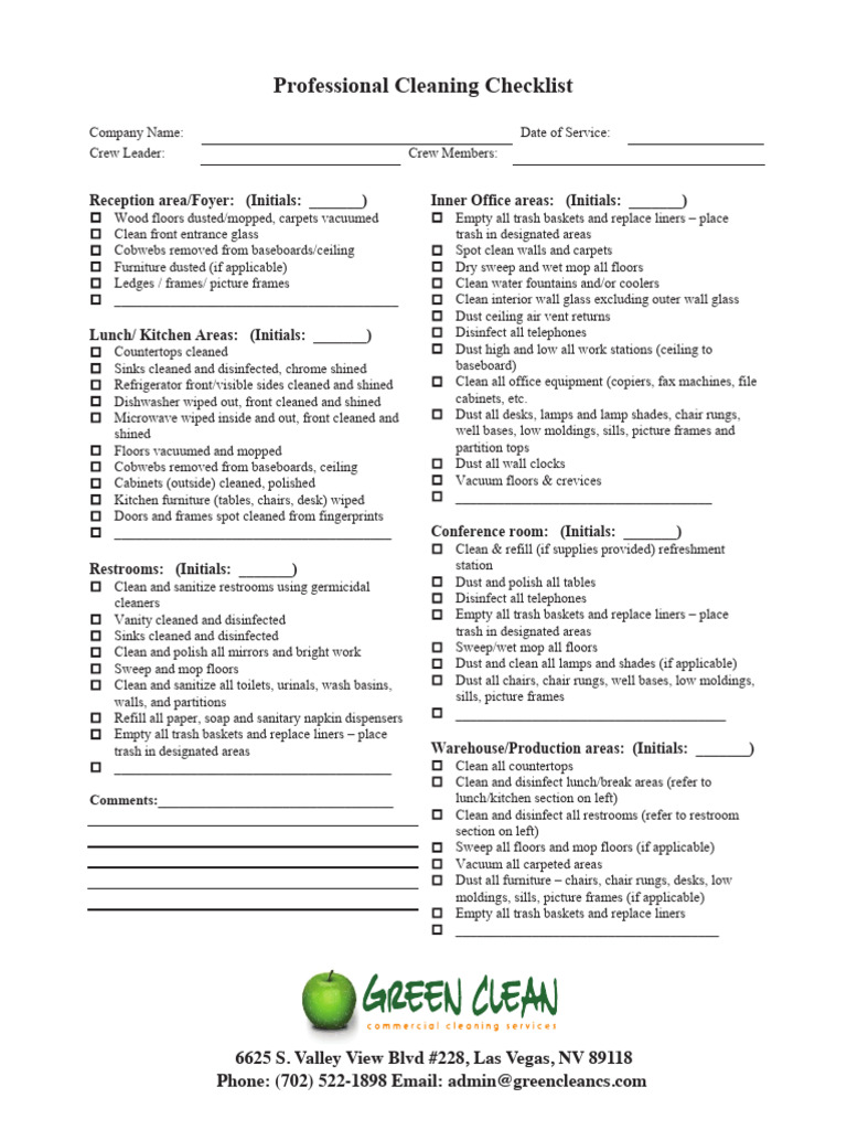 Comprehensive Professional Cleaning Checklist | PDF | Sink | Home