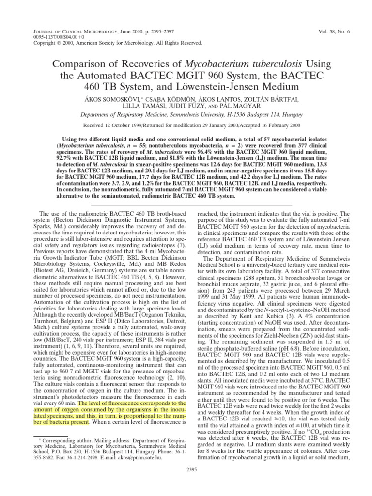 Somoskövi Et Al 2000 Comparison of Recoveries of Mycobacterium ...