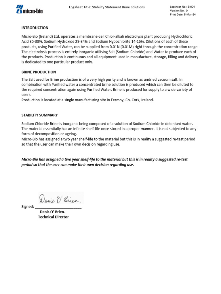 Stability Statement Brine | PDF