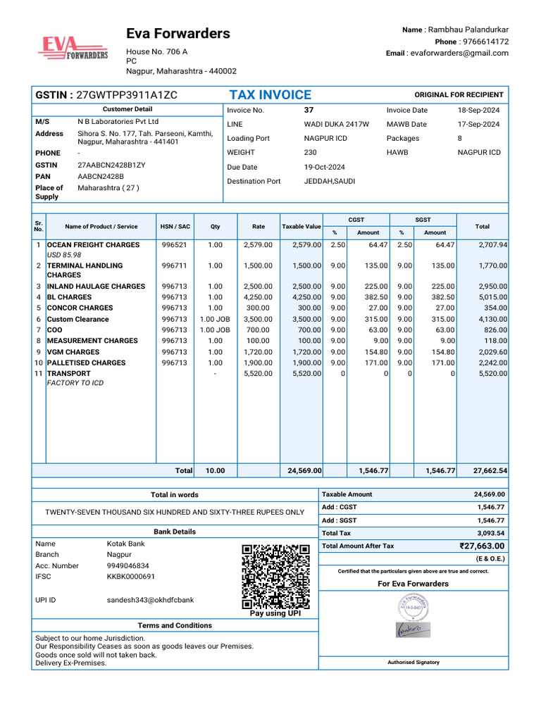 Invoice - 37 N B Laboratories PVT LTD NB Laboratories Private Limited 04 32 38 | PDF | Freight ...