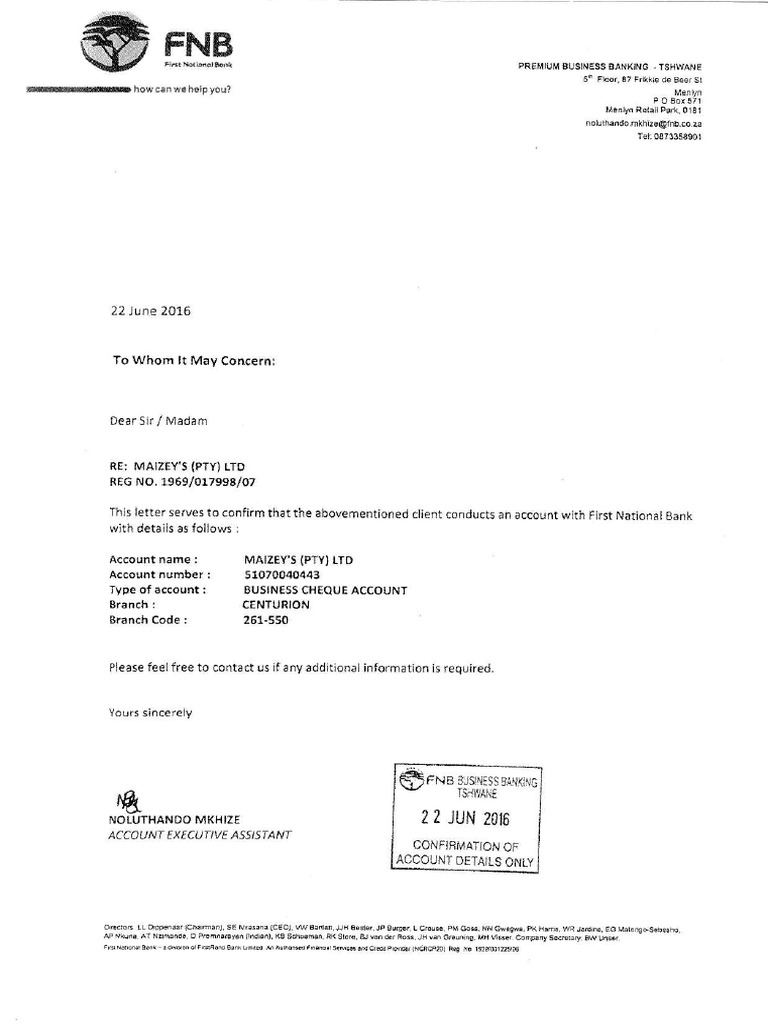 Maizey's FNB Bank Letter | PDF