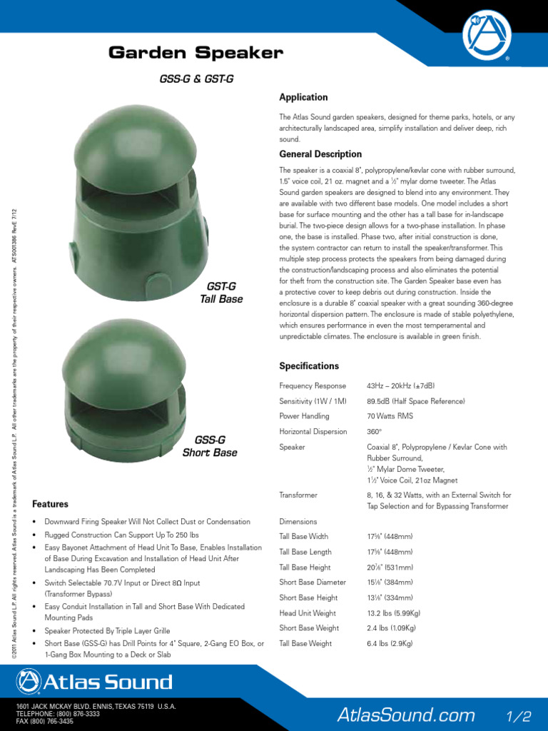 ATS001386E GSS G GST G Garden Speaker Datasheet | PDF | Loudspeaker | Sound Production Technology